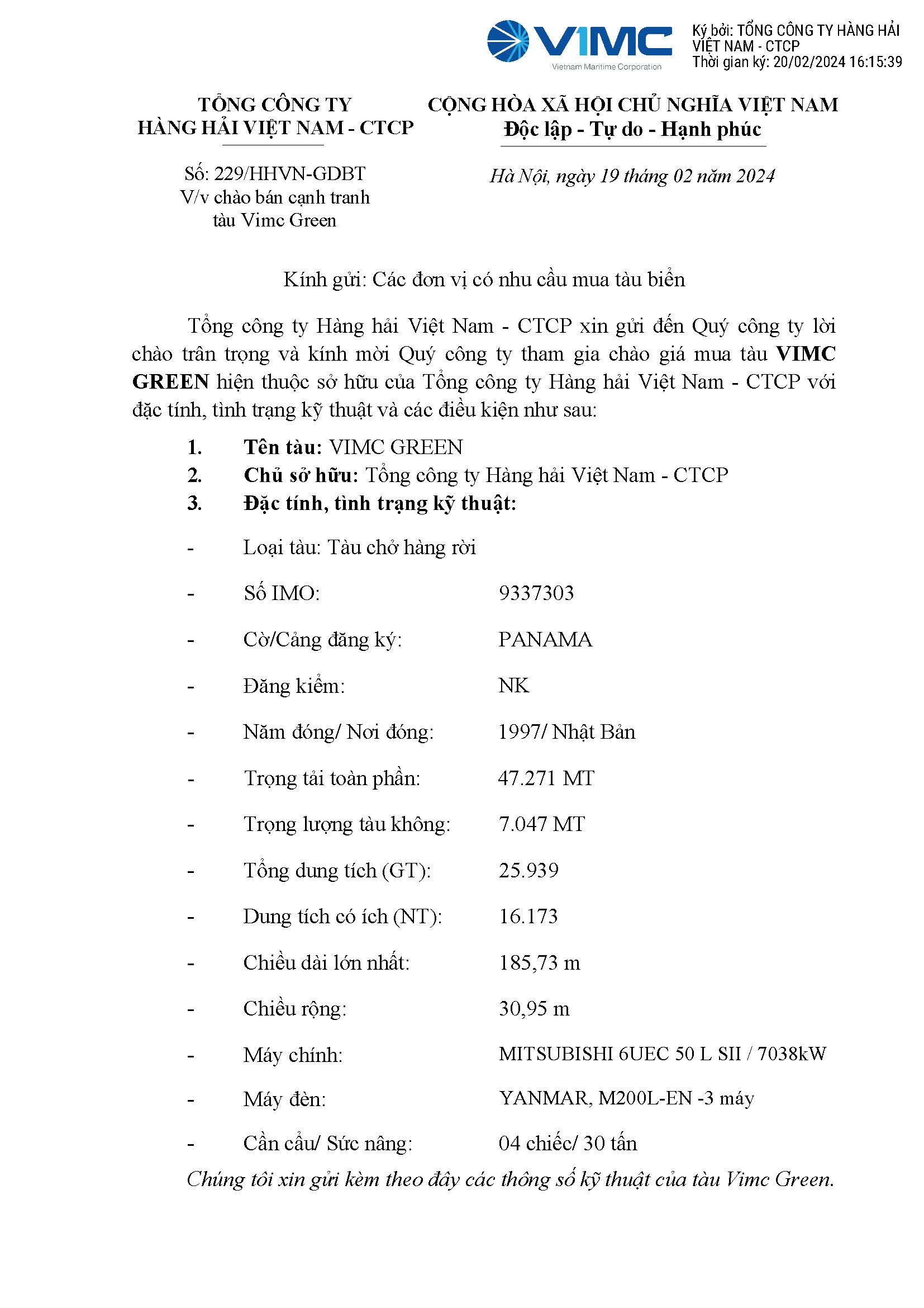 Thư chào bán tàu VIMC GREEN